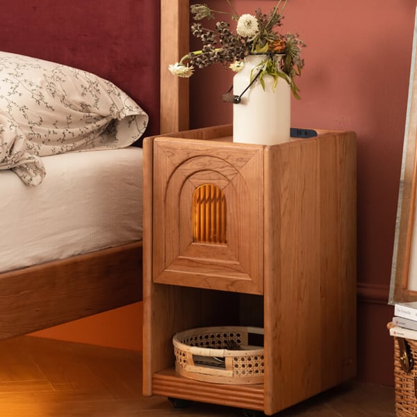 Rustic Narrow Smart Nightstand Cherry Bedside Table with Sensor Light ...
