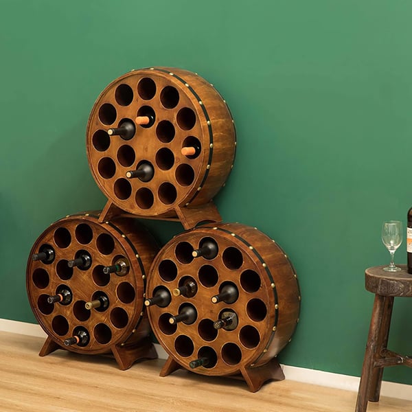 18 Bottles Vintage Wood Barrel Wine Rack Round Shaped Stackable Floor ...