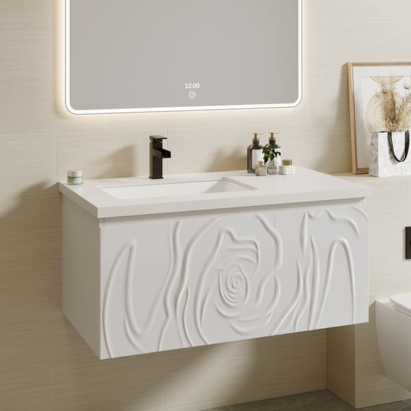 35" White Wall Mounted Hand Carved Bathroom Vanity with Drawers & Doors | Homary