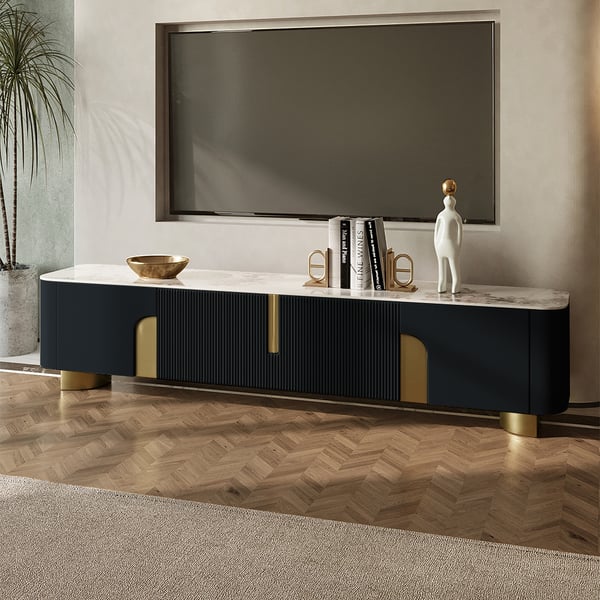 Artus Modern Black TV Stand Stone Top 4 Doors with Storage Media ...