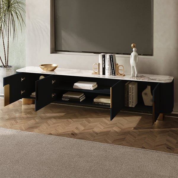 Artus Modern Black TV Stand Stone Top 4 Doors with Storage Media ...