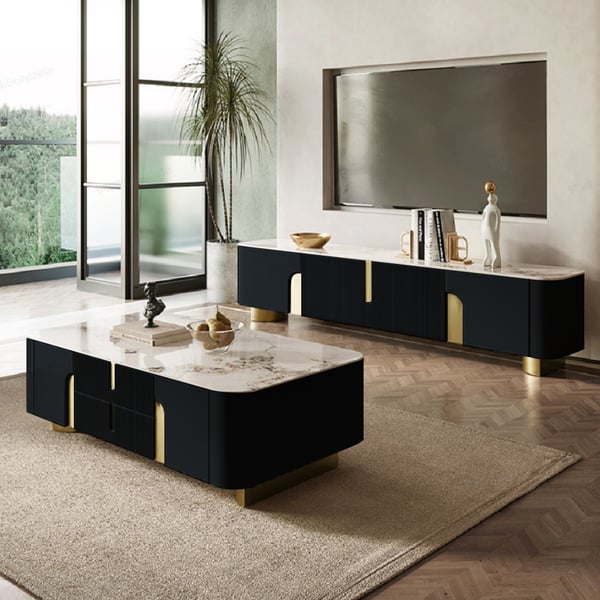 Artus Modern Black TV Stand Stone Top 4 Doors with Storage Media ...