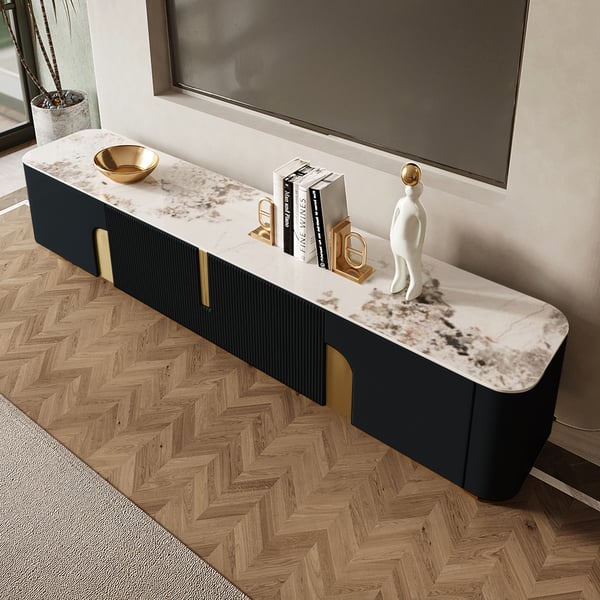 Artus Modern Black TV Stand Stone Top 4 Doors with Storage Media ...
