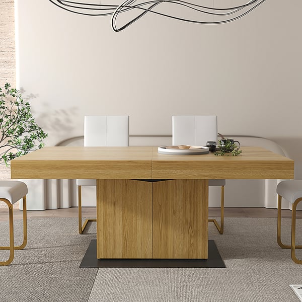 71"-87" Extendable Dining Table with Storage Japandi Rectangle Table for 8 Pedestal Base | Homary