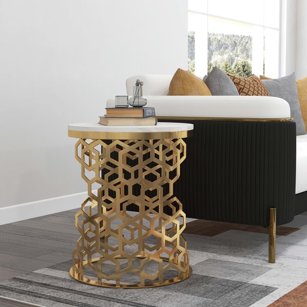 Currs Gold Glam Round End Table with Marble Top Side Table | Homary