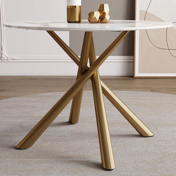 1000mm Modern Stone Top Round Dining Table in Pandora & Gold with ...