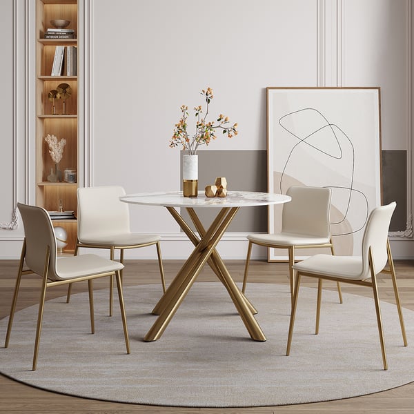 1000mm Modern Stone Top Round Dining Table in Pandora & Gold with ...