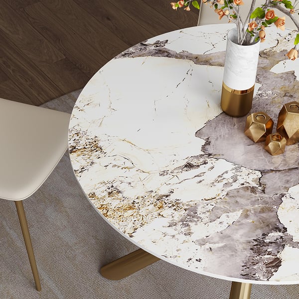 1000mm Modern Stone Top Round Dining Table in Pandora & Gold with ...
