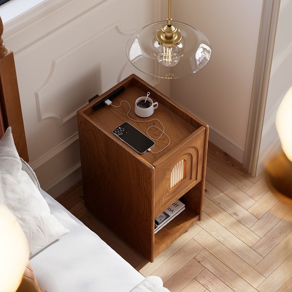 Rustic Narrow Smart Nightstand Cherry Bedside Table with Sensor Light ...