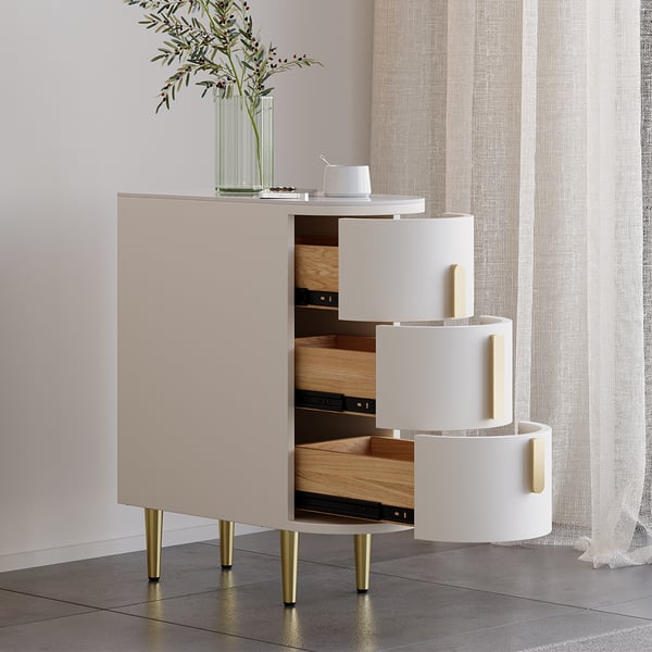 Modern Off-White Narrow 3 Drawer Nightstand Sintered Stone Top Bedside ...
