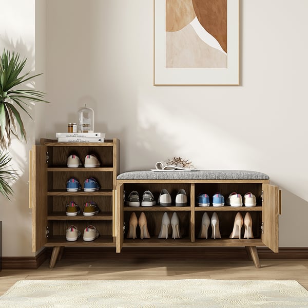1200mm Walnut Wooden Shoe Storage Bench with 3 Doors & 5 Shelves for ...