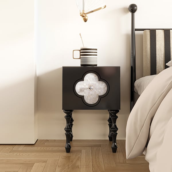 Farmhouse Black Nightstand Capiz Shell Bedside Table with Storage-Homary