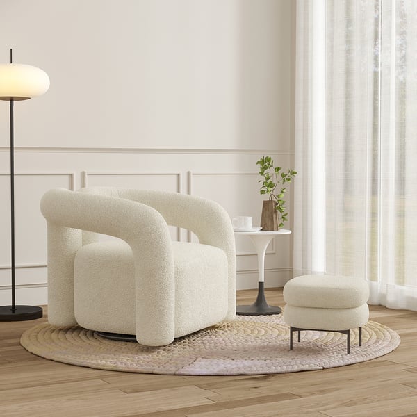 Japandi White Boucle Accent Chair with Swivel Base Shaggy Armchair for ...