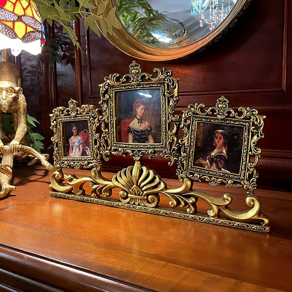 Vintage Gold Resin Carved Desktop Photo Frame Collage 3 Pictures Glass ...