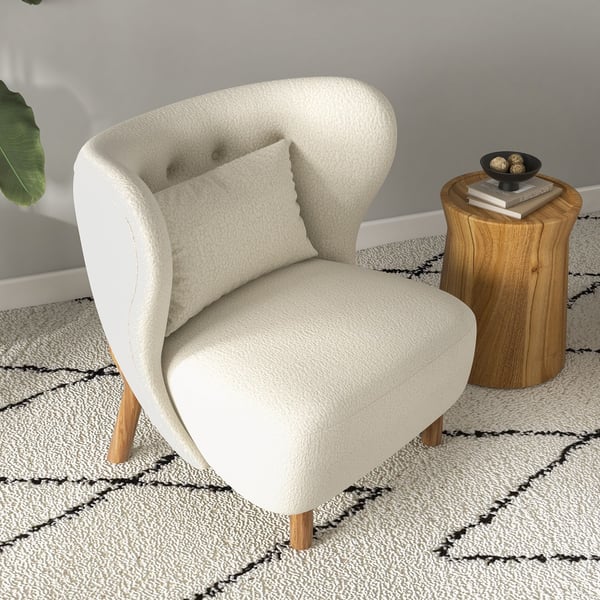 White Lamb Wool Accent Chair Wingback Chair in Wooden Frame | Homary