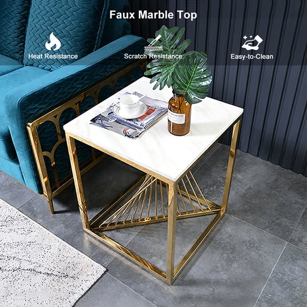 500mm Square Side Table White Marble End Table with Gold Stainless ...