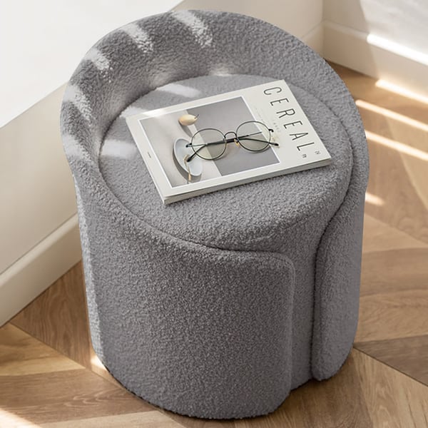 Modern Gray Round Lamb Wool Vanity Stool with Backrest | Homary