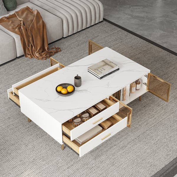 Cofab Modern White Coffee Table with 2 Glass Door Storage & 4 Drawers ...
