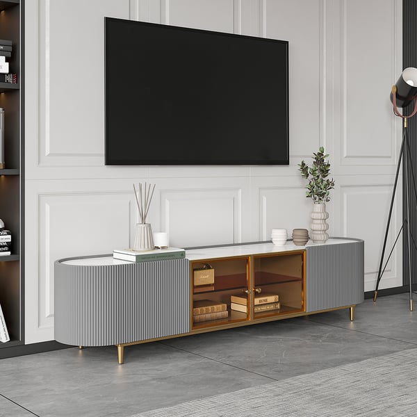 Palley Modern Oval Grey TV Stand Console with Storage and glass Doors ...