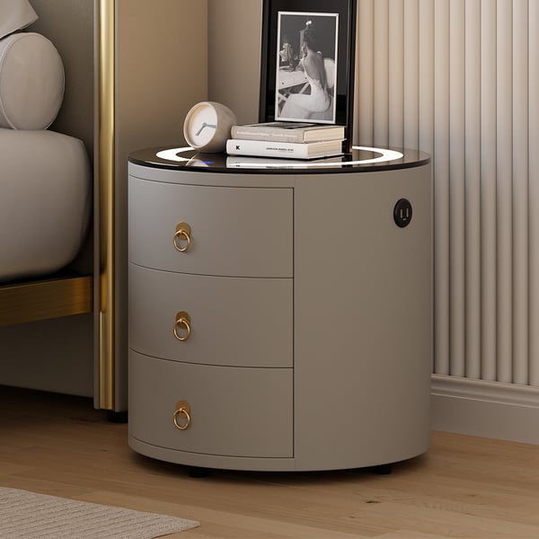 Modern Gray Round Nightstand with Light & Wireless Charging & Speakers ...