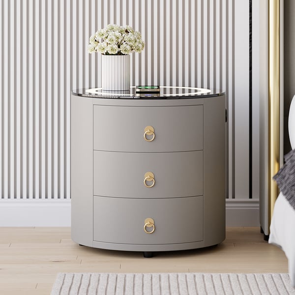 Modern Gray Round Nightstand with Light & Wireless Charging & Speakers ...