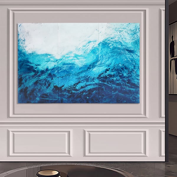 3 Pieces Coastal Tempered Glass Wall Art Large Rectangle Ocean Sea Wave ...