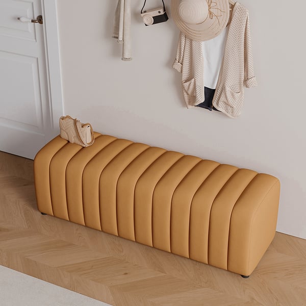 1200mm Modern Orange Leather Entryway Bench Leather Upholstered Channel ...