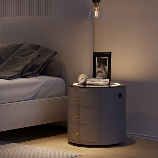 Modern Gray Round Nightstand with Light & Wireless Charging & Speakers ...