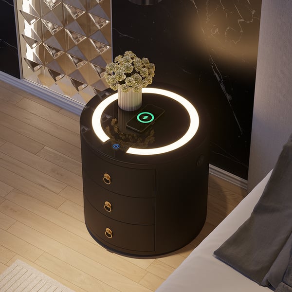 Modern Black Round Nightstand with Light & Wireless Charging & Speakers ...