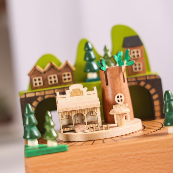 Wooden Music Box Carousel Rotating Train Castle in The Sky Music Box ...