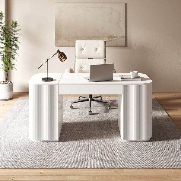 Modern White Standing Computer Desk with 2 Doors and Storage Office ...
