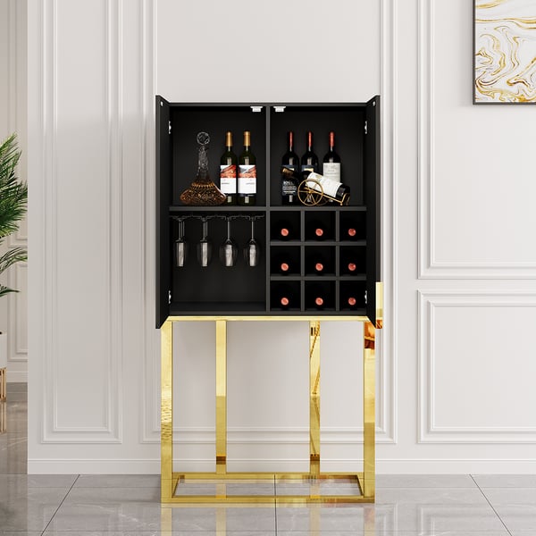 Modern Glossy Black Bar Cabinet with Door Storage Home Bar Cabinet ...