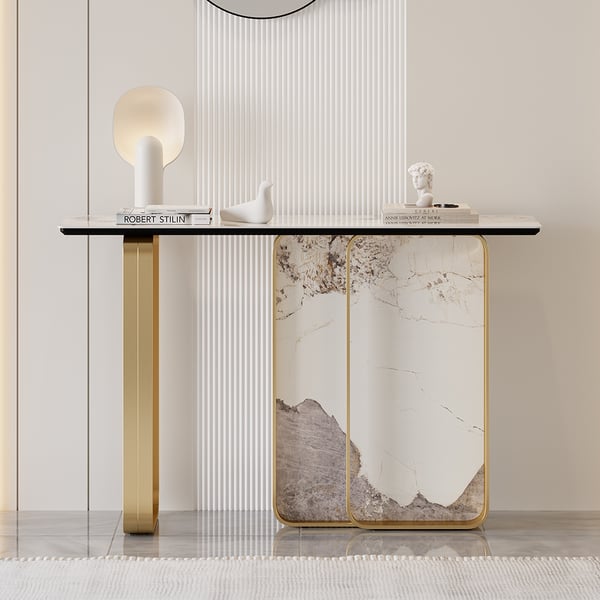 47" W Modern Sintered Stone Console Table with Gold Stainless Steel ...