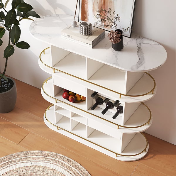 47" White Oval Bar Table with Wine Rack Glass Holder Liquor Tier ...