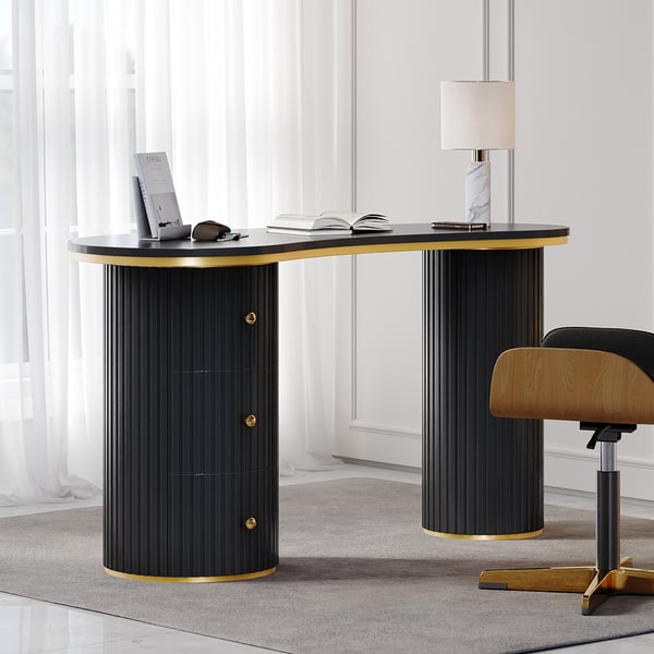 55.1" Modern Black Curved Desk 3-Drawer Wooden Home Office Desk Double ...