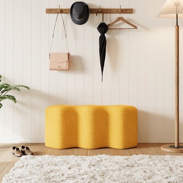 Modern Yellow Entryway Bench Boucle Upholstered Molecule Ottoman Wooden ...