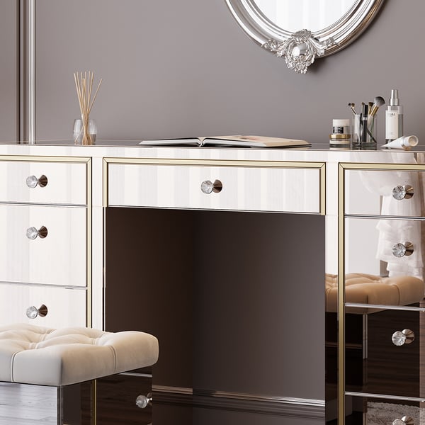 Glam Mirrored Makeup Vanity Set 9-Drawer Dressing Table with Glass Top ...
