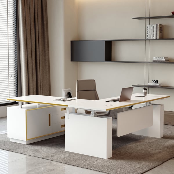 Modern White U-shaped Adjustable Height Electric Standing Desk with 2 ...