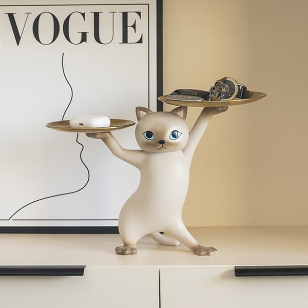 Modern Cat Resin Figurine with Gold Desk Storage Tray | Homary