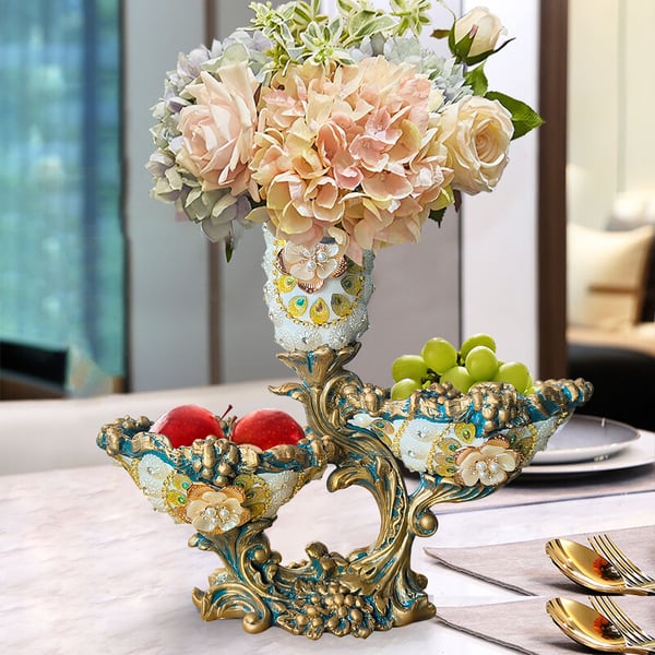 Blue & White 2 Tiered Fruit Basket Plate with Vase Resin Decor Snack ...