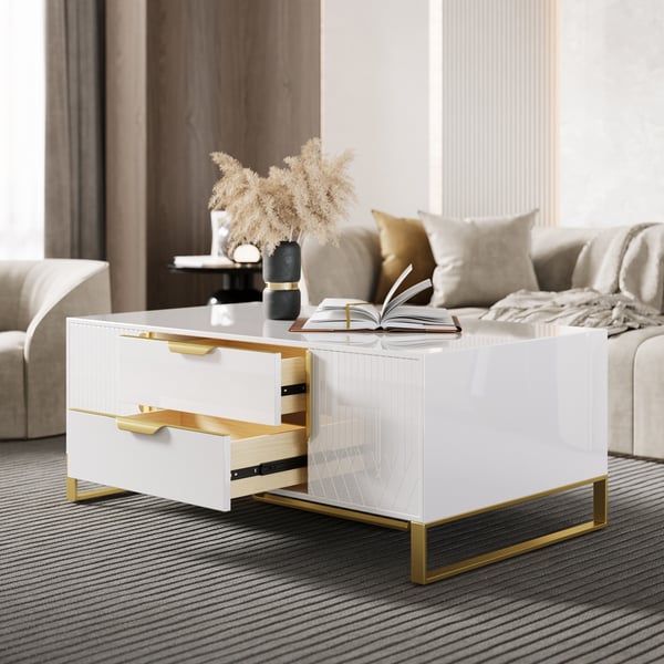 Aro Modern White Rectangular Coffee Table with Storage of Drawers ...