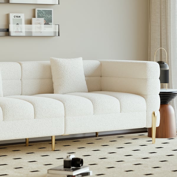 2010mm Modern White Boucle Upholstered Fluted 3 Seater Sofa for Living ...