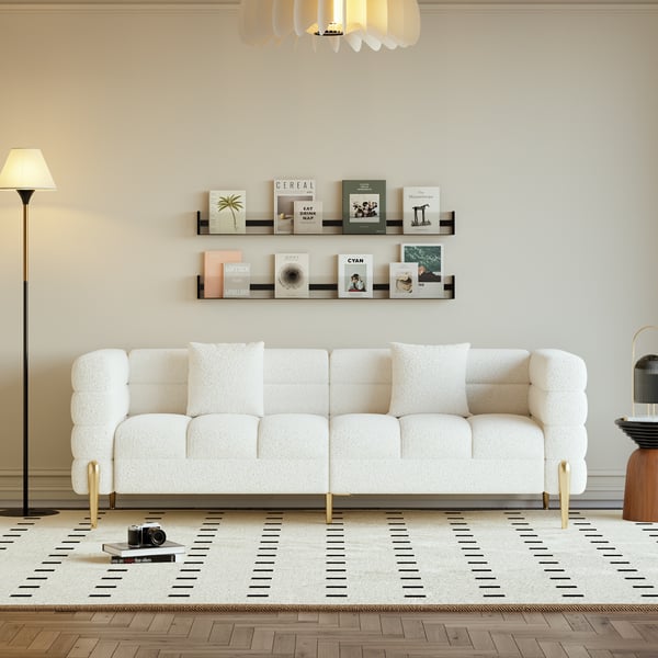 2010mm Modern White Boucle Upholstered Fluted 3 Seater Sofa for Living ...