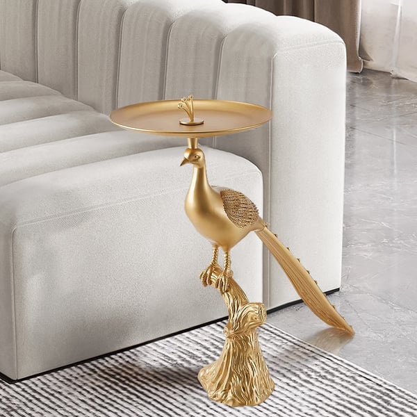 Art Deco Gold Peacock End Table with Tray Top Resin Accent Table | Homary