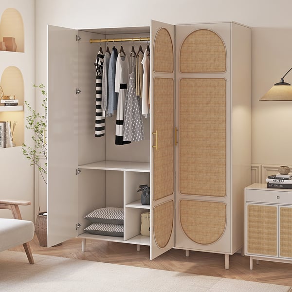 Reviews for Rattan White 3 Door Bedroom Clothing Armoire Wardrobe with ...