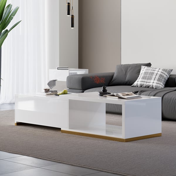 Mordelle 1800mm Modern Rectangle Glossy White Extendable Coffee Table with 2 Drawers | Homary UK