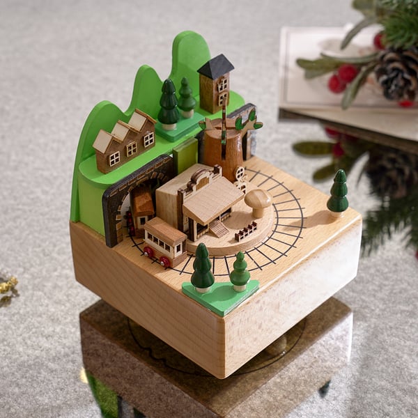 Wooden Music Box Carousel Rotating Train Castle in The Sky Music Box ...