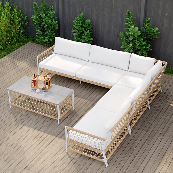 Ropipe 4 Pieces L Shape Woven Rope Outdoor Sectional Sofa Set in Khaki ...