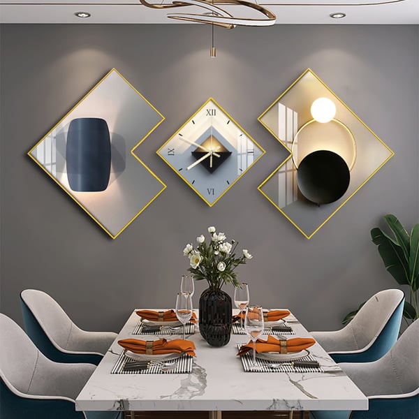 3Pcs Modern Geometric Wall Clock Decor Set Canvas Painting Wall Clocks ...
