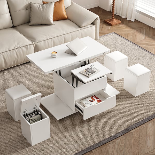 Modern White Lift Top Coffee Table 4 in 1 with Storage Ottoman Foldable ...